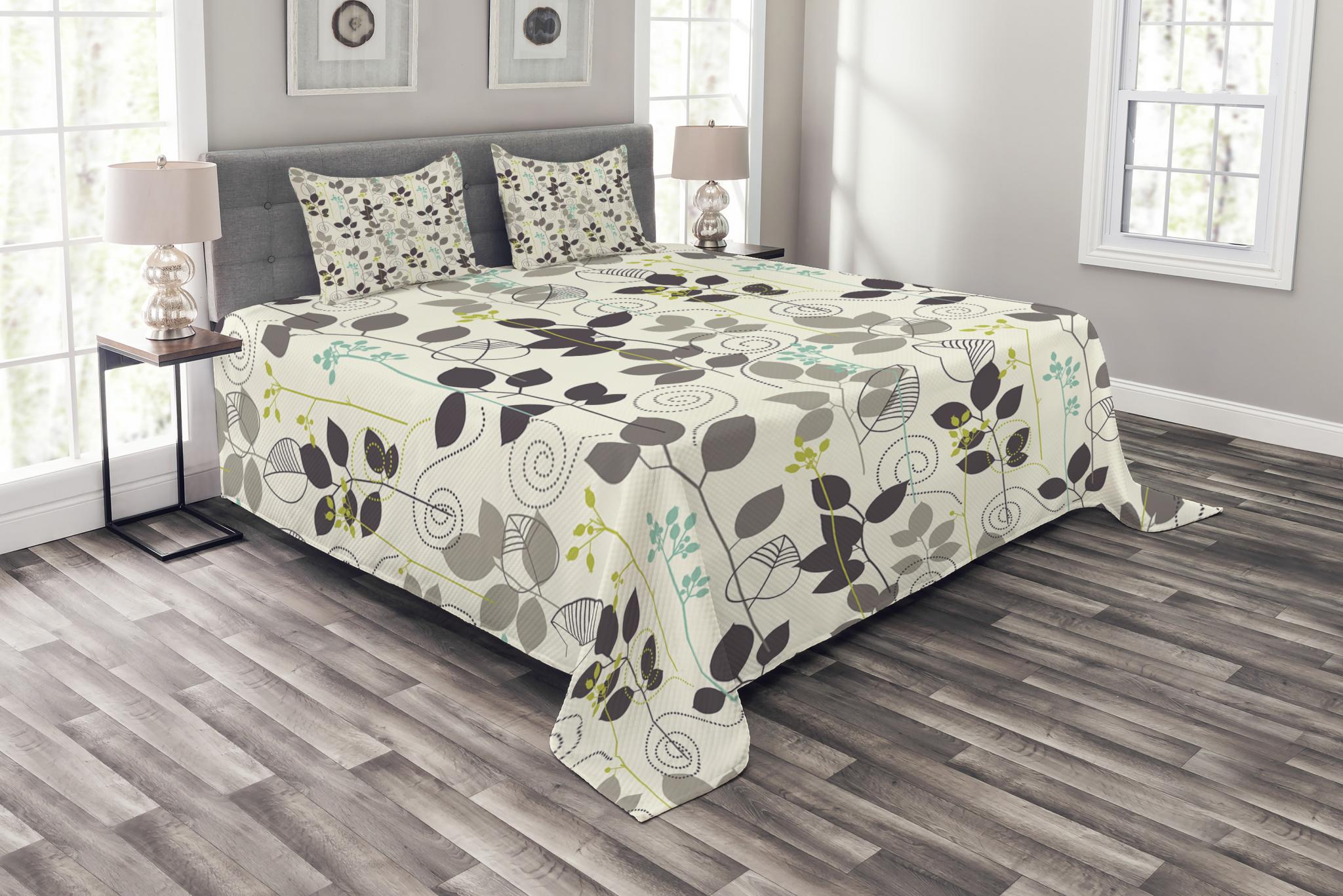 Floral Bedspread Set Queen Size, Doodle Leaves Earthen Toned Leaf ...