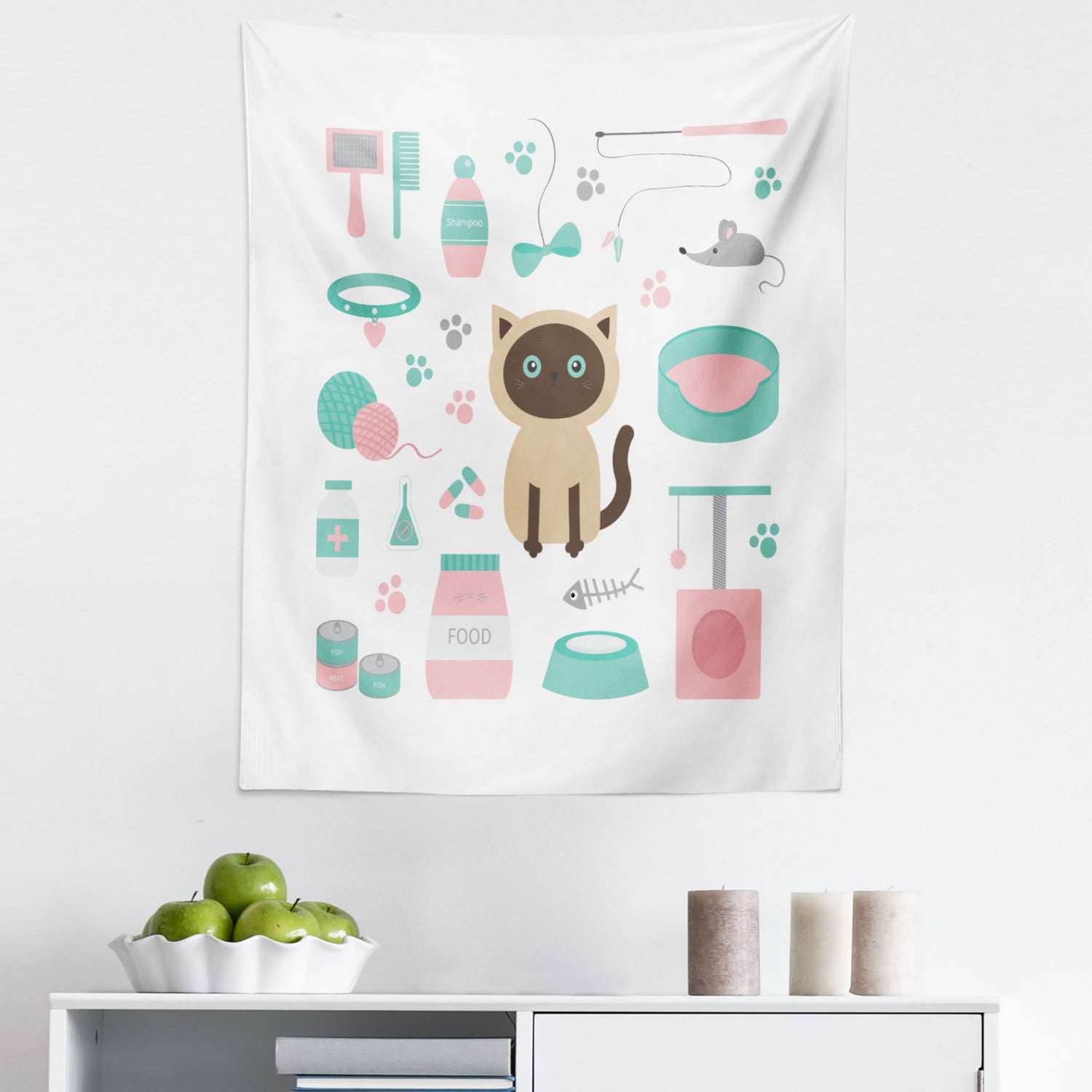 Kitten Tapestry, Cartoon Style Surprised Looking Siamese Among Pastel ...