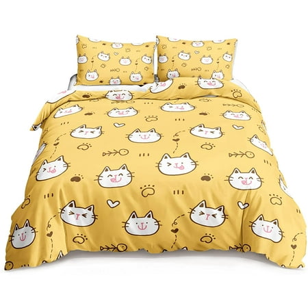 3-Piece Full Bedding Sets Kawaii Cat Print Kids Duvet Cover Set for ...