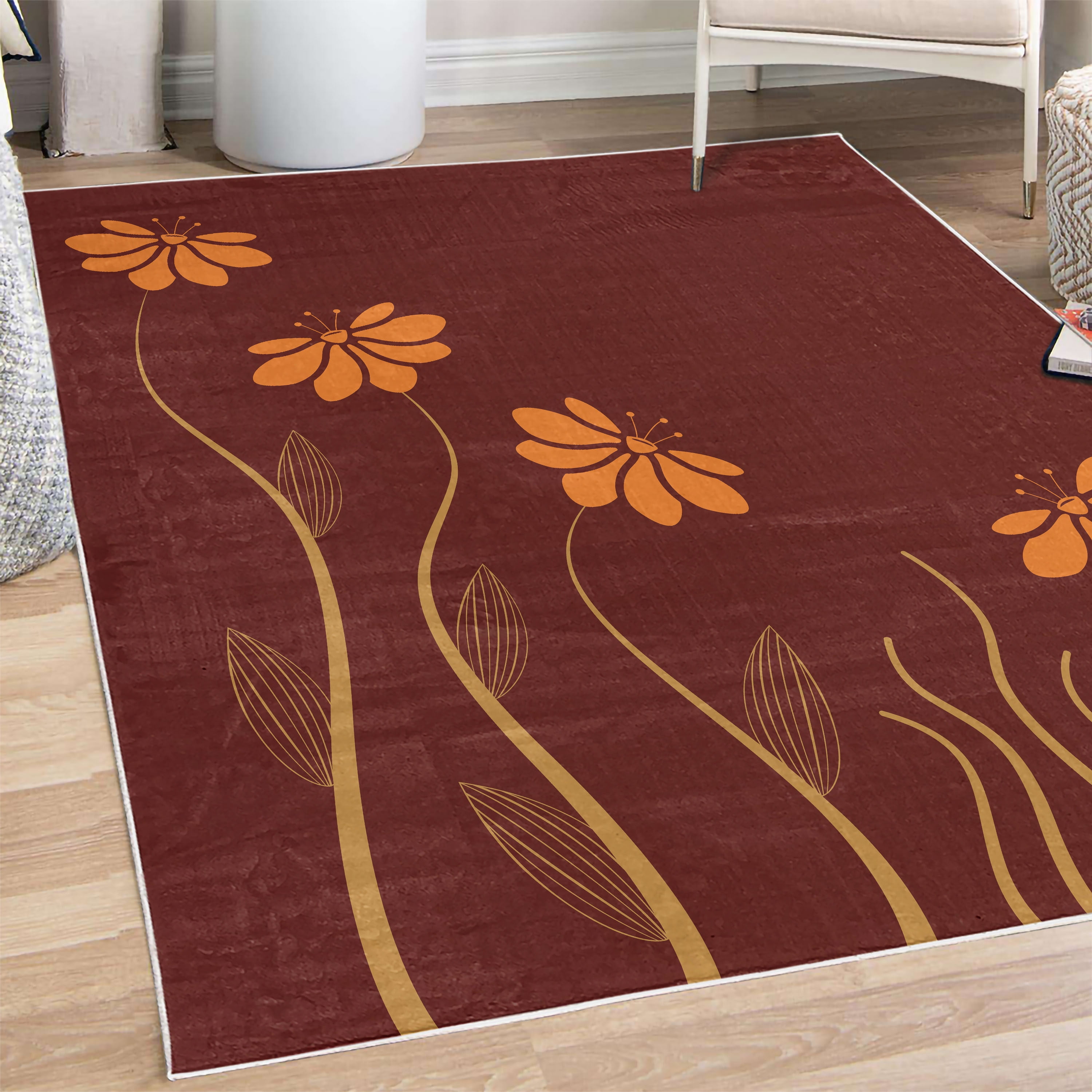 Flower Decorative Rug, Floral Petals with Striped Leaves and Lines ...