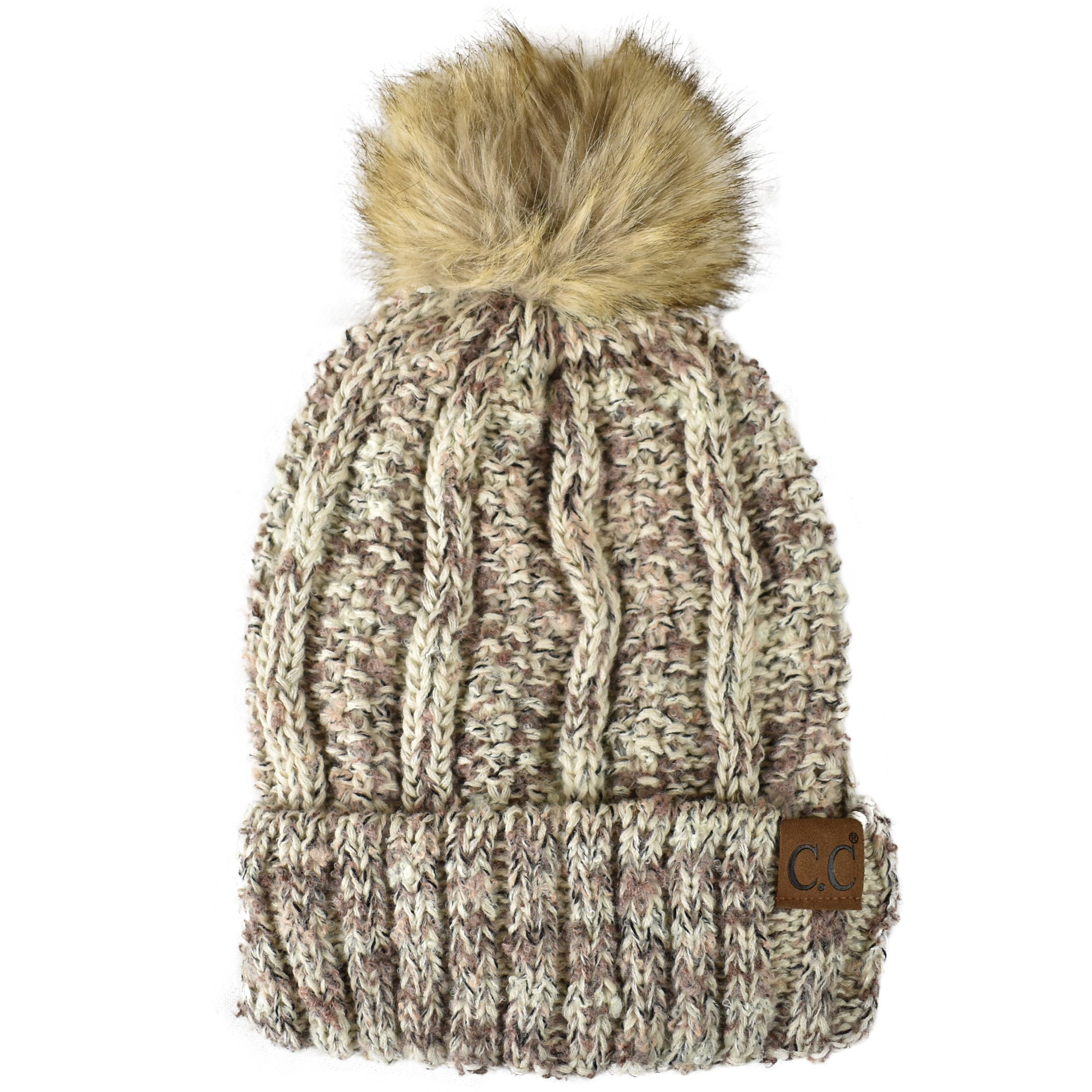 C.C Thick Cable Knit Faux Fuzzy Fur Pom Fleece Lined Skull Cap Cuff ...