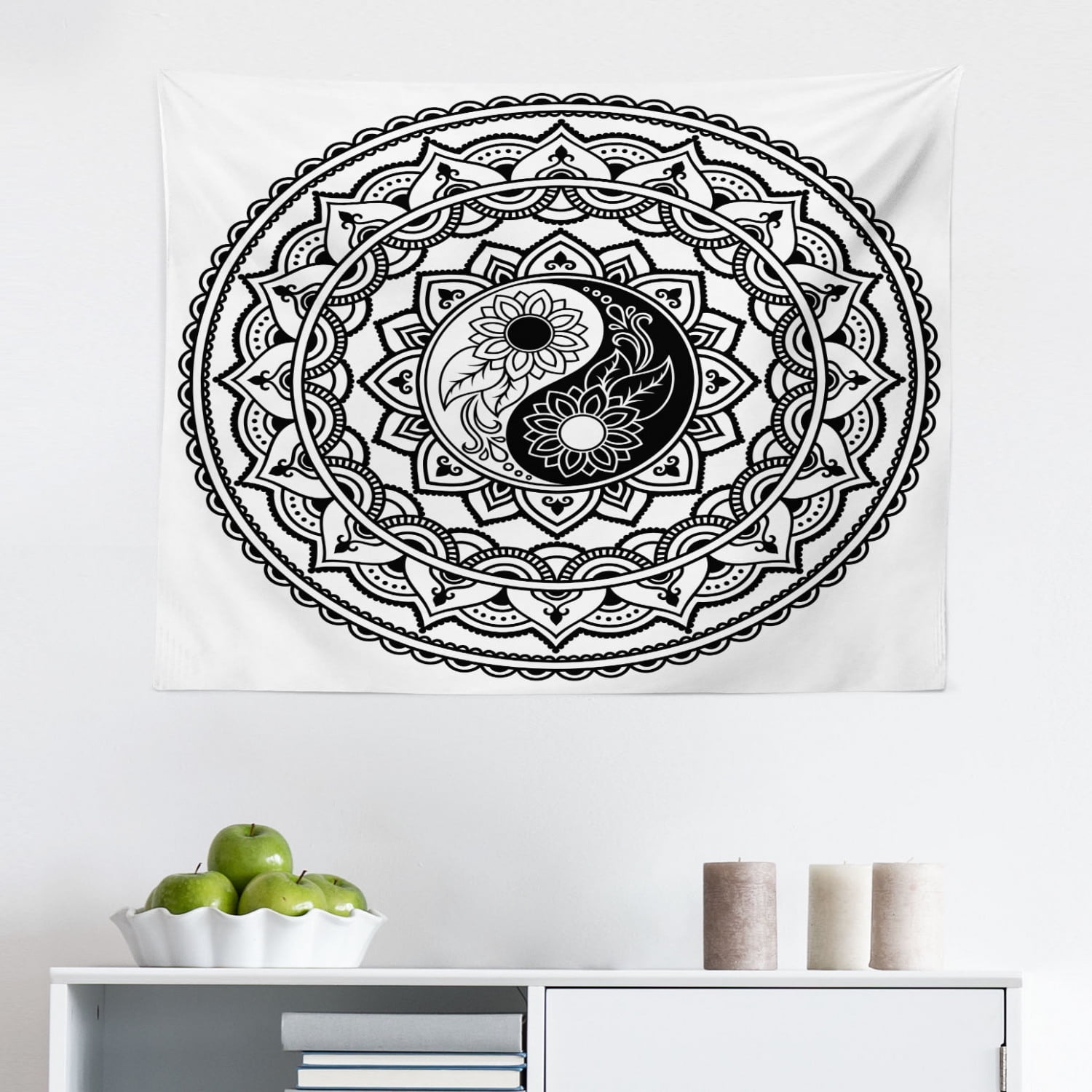 Ying Yang Tapestry, Mandala Circle Floral Style Design Bohemian Print ...