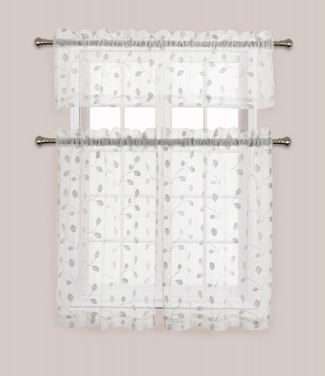 Metallic Shimmer Embroidered Floral Complete Kitchen Curtain Tier ...