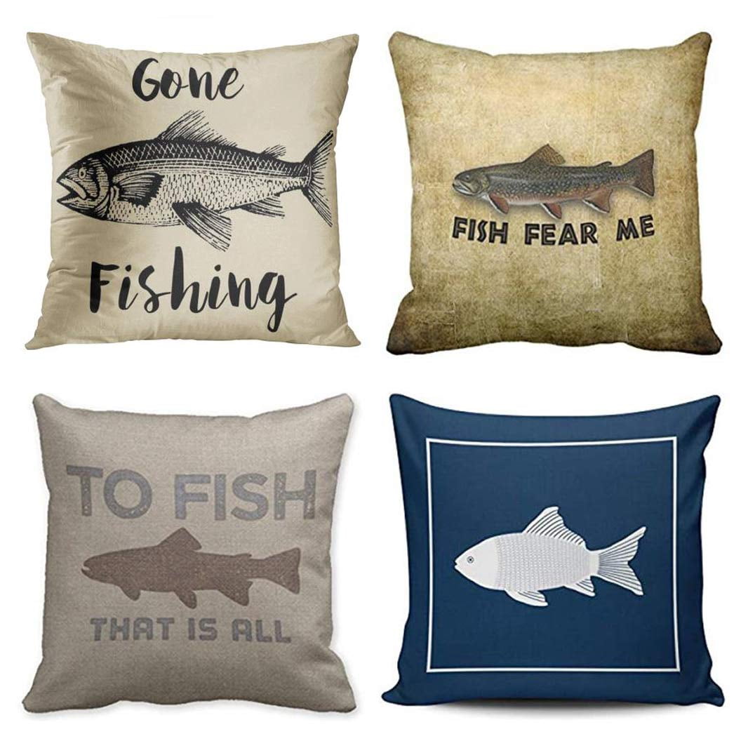 SUFAM Set of 4 Pillow Cases Fish Fisherman Gone Fishing Rustic Vintage ...