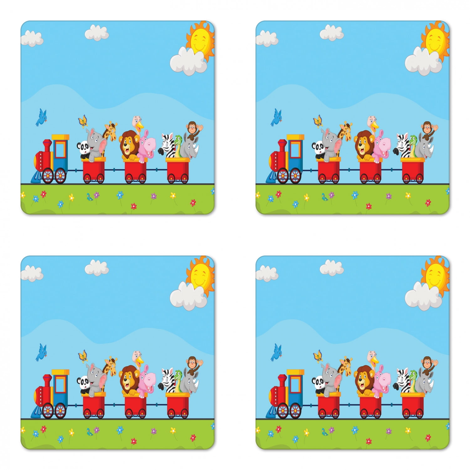 Cartoon Coaster Set of 4, Cartoon Animal on Train with Birthday ...