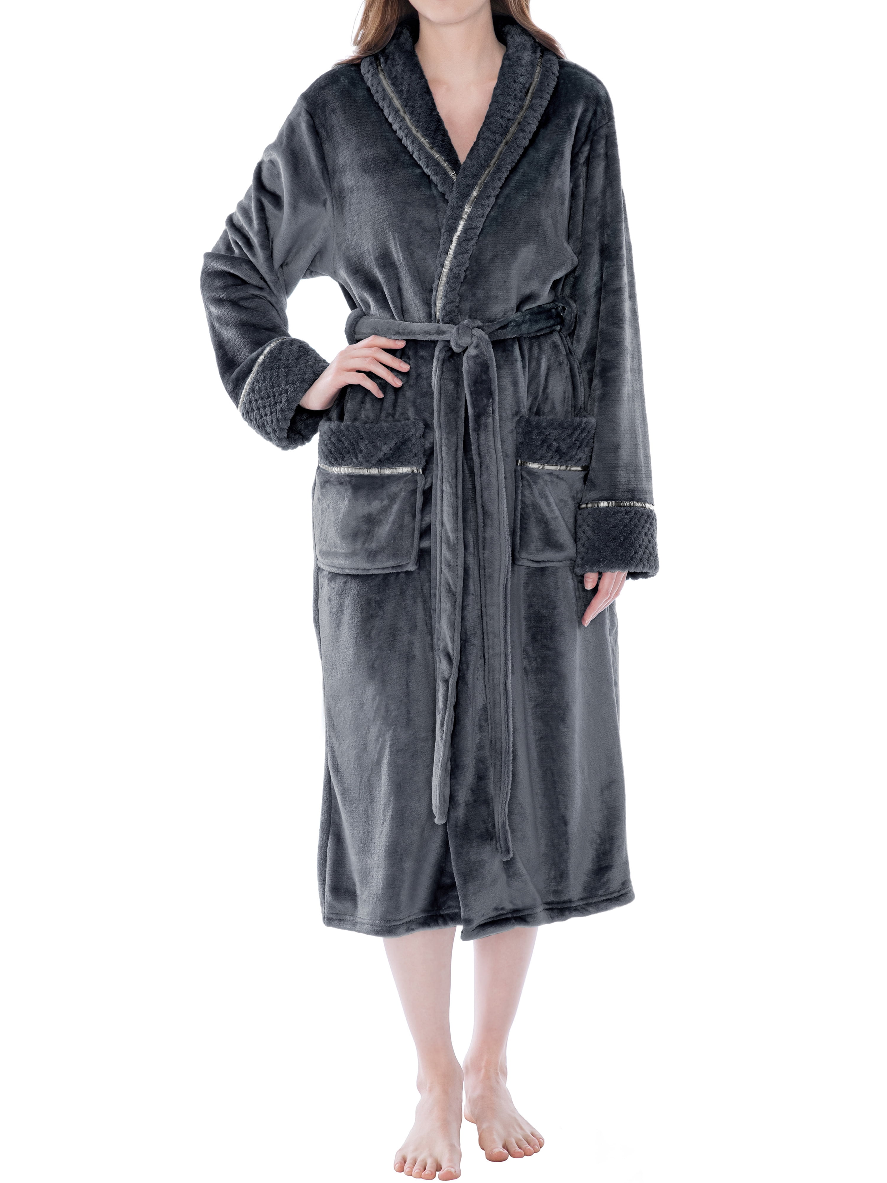 PAVILIA Soft Plush Women Fleece Robe, Grey Cozy Bathrobe, Female Long ...