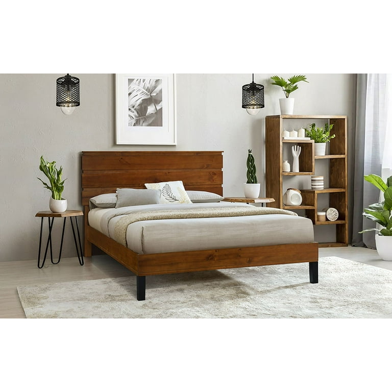 Mid Century Modern Solid Wood Bed Frame Full Size Platform Bed with Three Piece Headboard Design No Box Spring Needed Brown Walmart