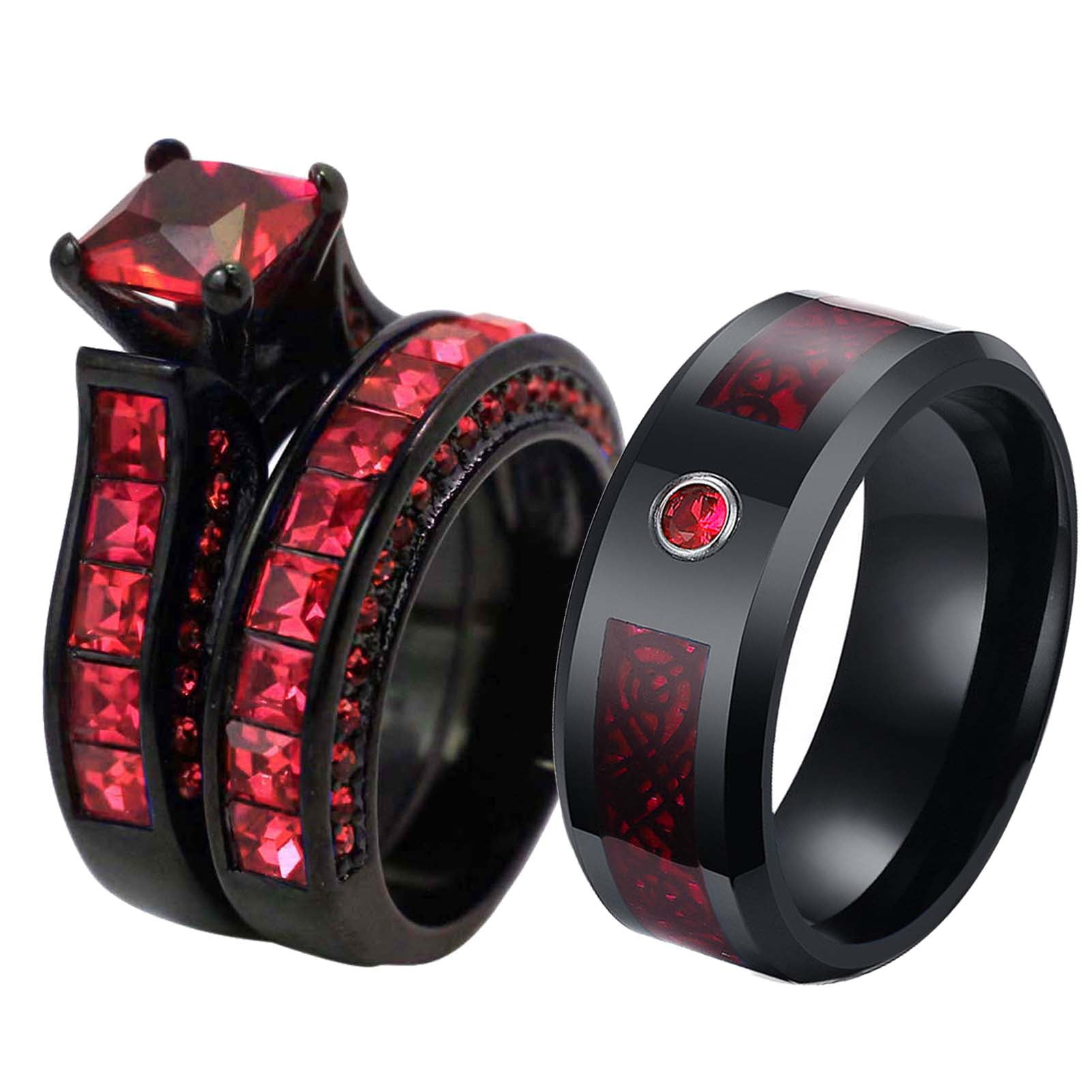 Matching Rings Couple Ring Black Gold Plated Princess cut 1CT Red CZ ...
