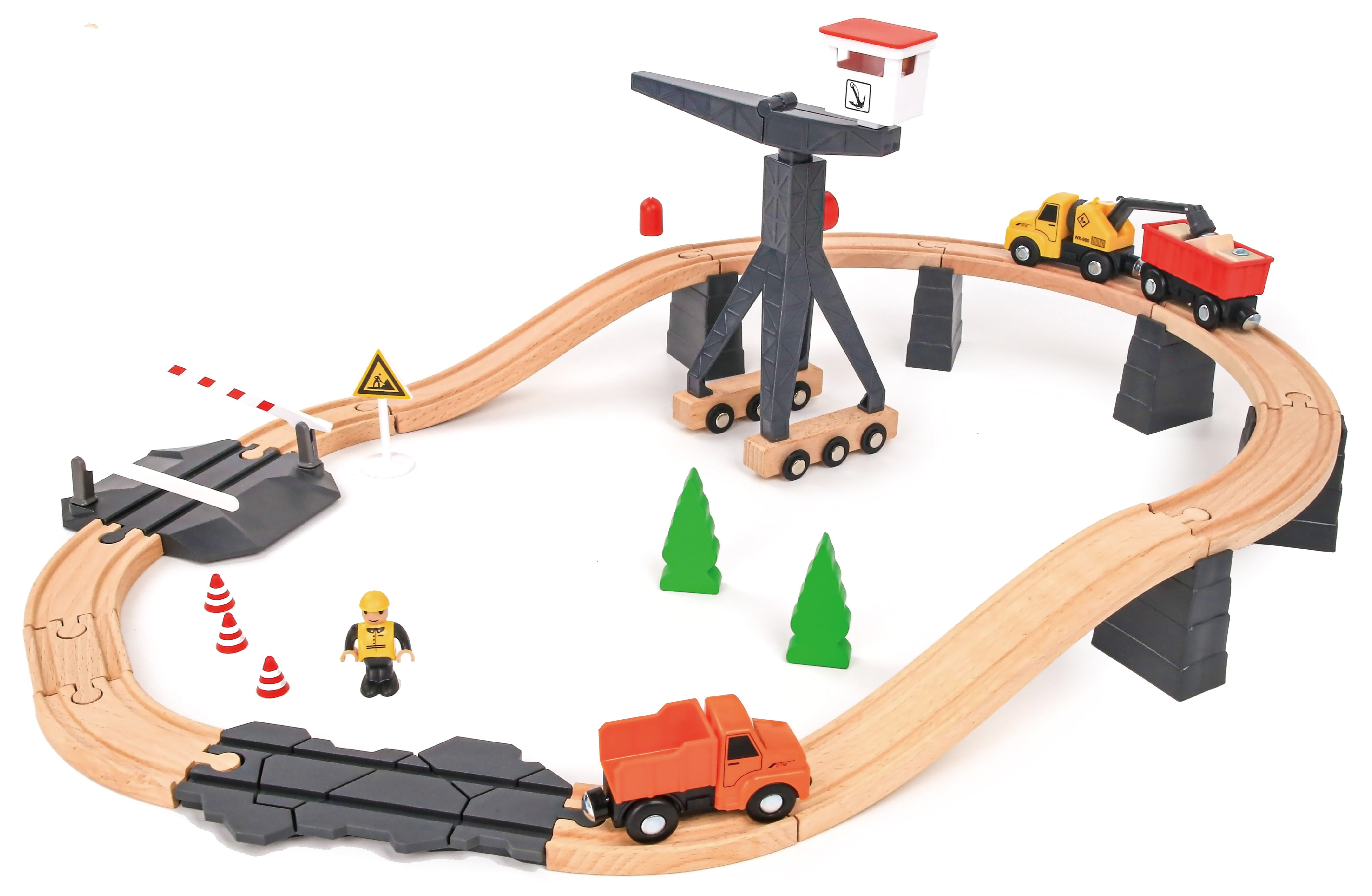 TOOKYLAND Construction Site Train Set - 35pcs Playset - Wooden Railroad ...