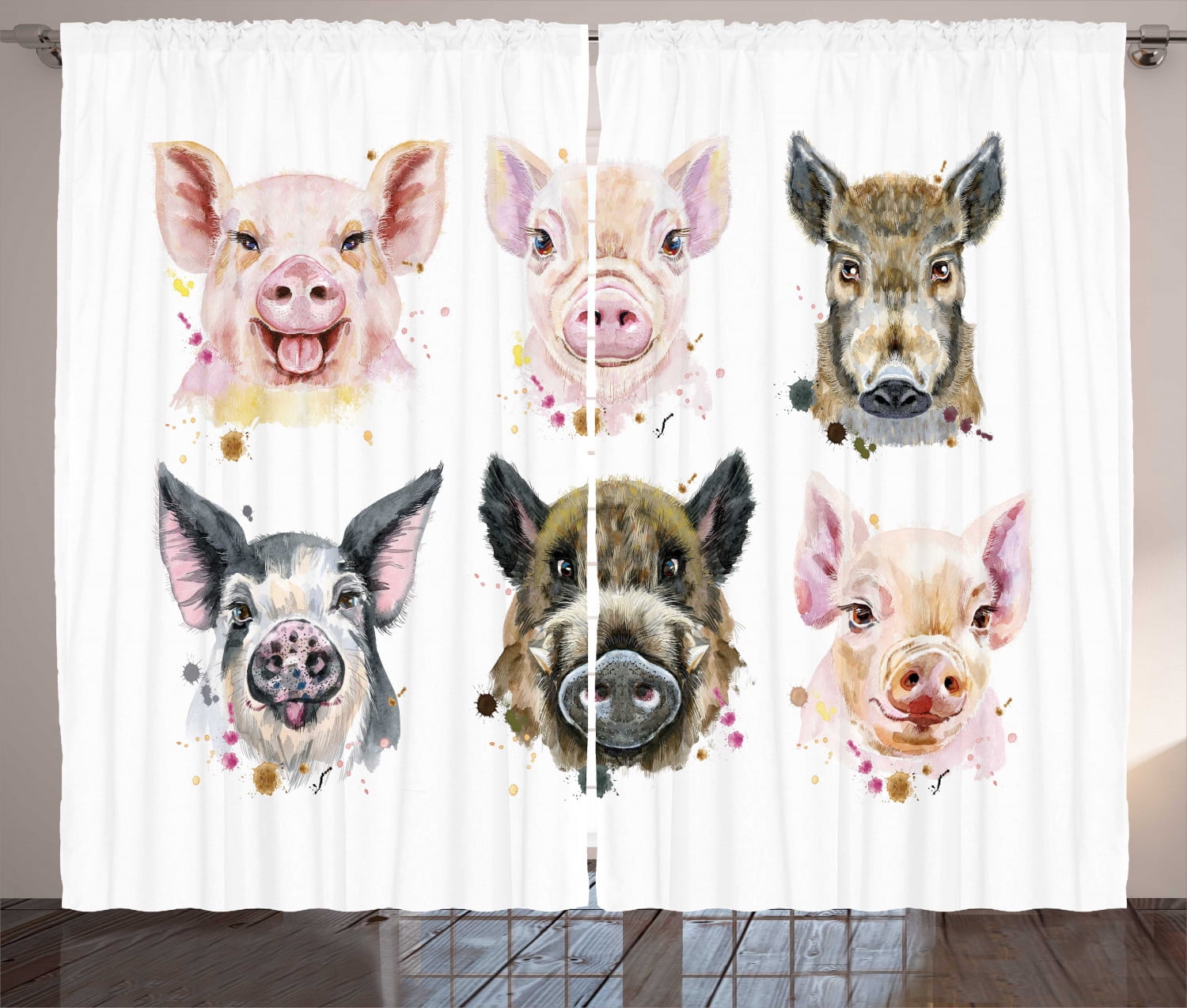 Farm Animal Curtains 2 Panels Set, Artistic Boar Piglet Graphic of ...