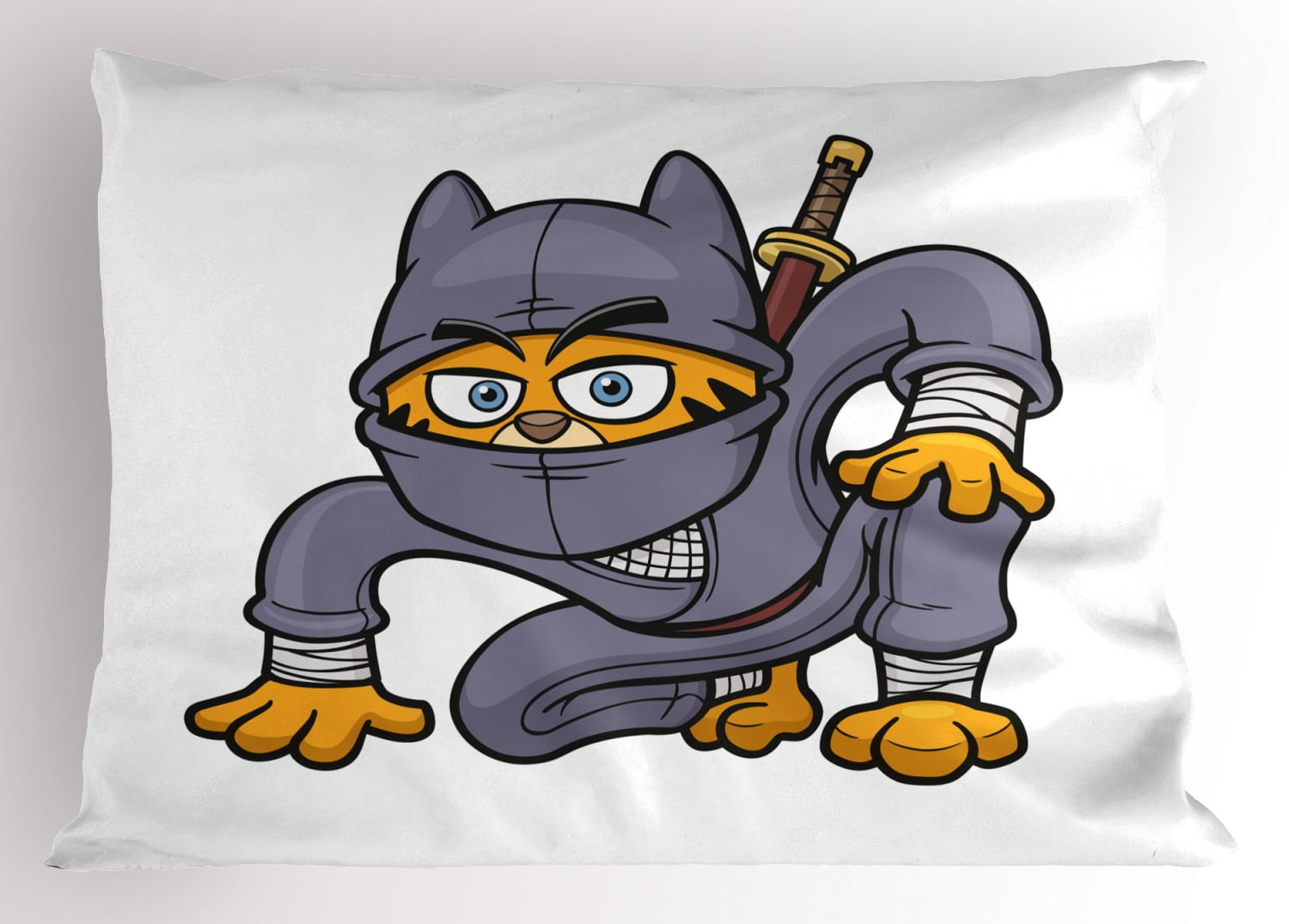 Ninja Cat Pillow Sham, Cartoon Design Fighter Animal Character in Asian ...