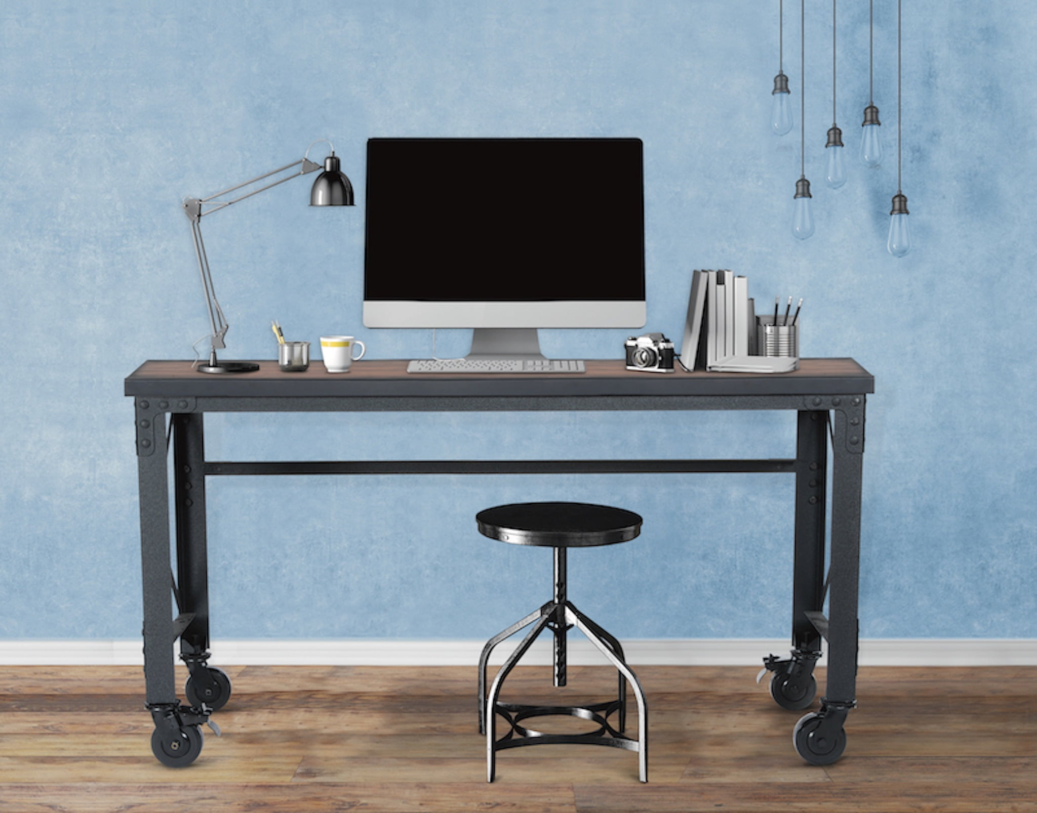 Duramax Rolling Industrial Desk with Wooden Top 62 inches x 24 inches ...