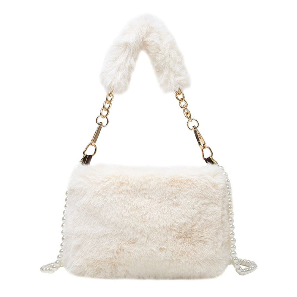 Luxury Soft Fluffy Furry Coin Purse Faux Fur Plush Tote Bags Pearl ...