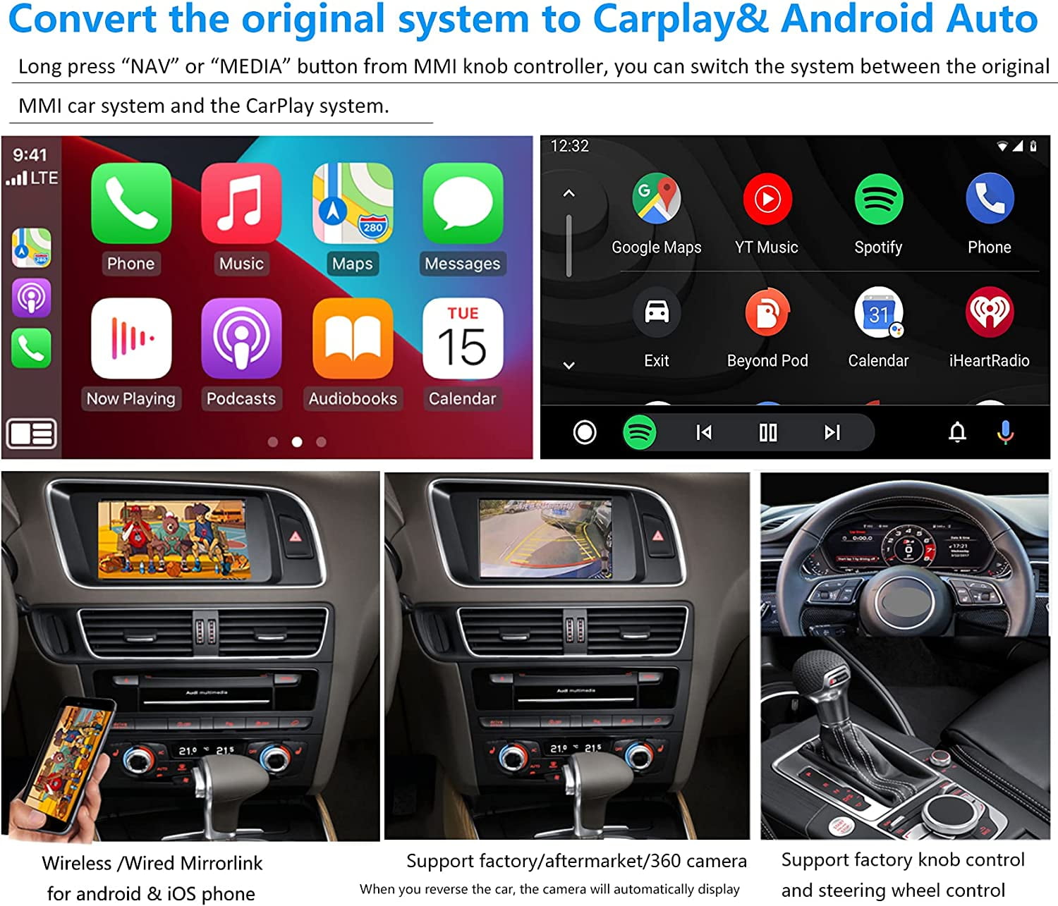 Buy Road Top Wireless Carplay Android Auto Retrofit Kit for Audi A4 A5 ...