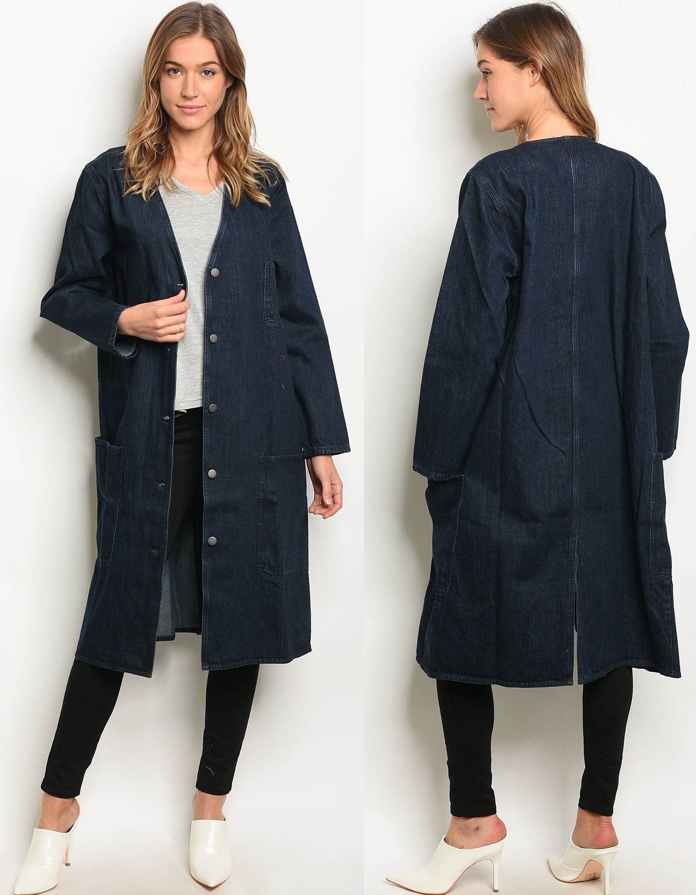 JED FASHION Women's Blue Denim Button Up Long Overcoat - Walmart.com