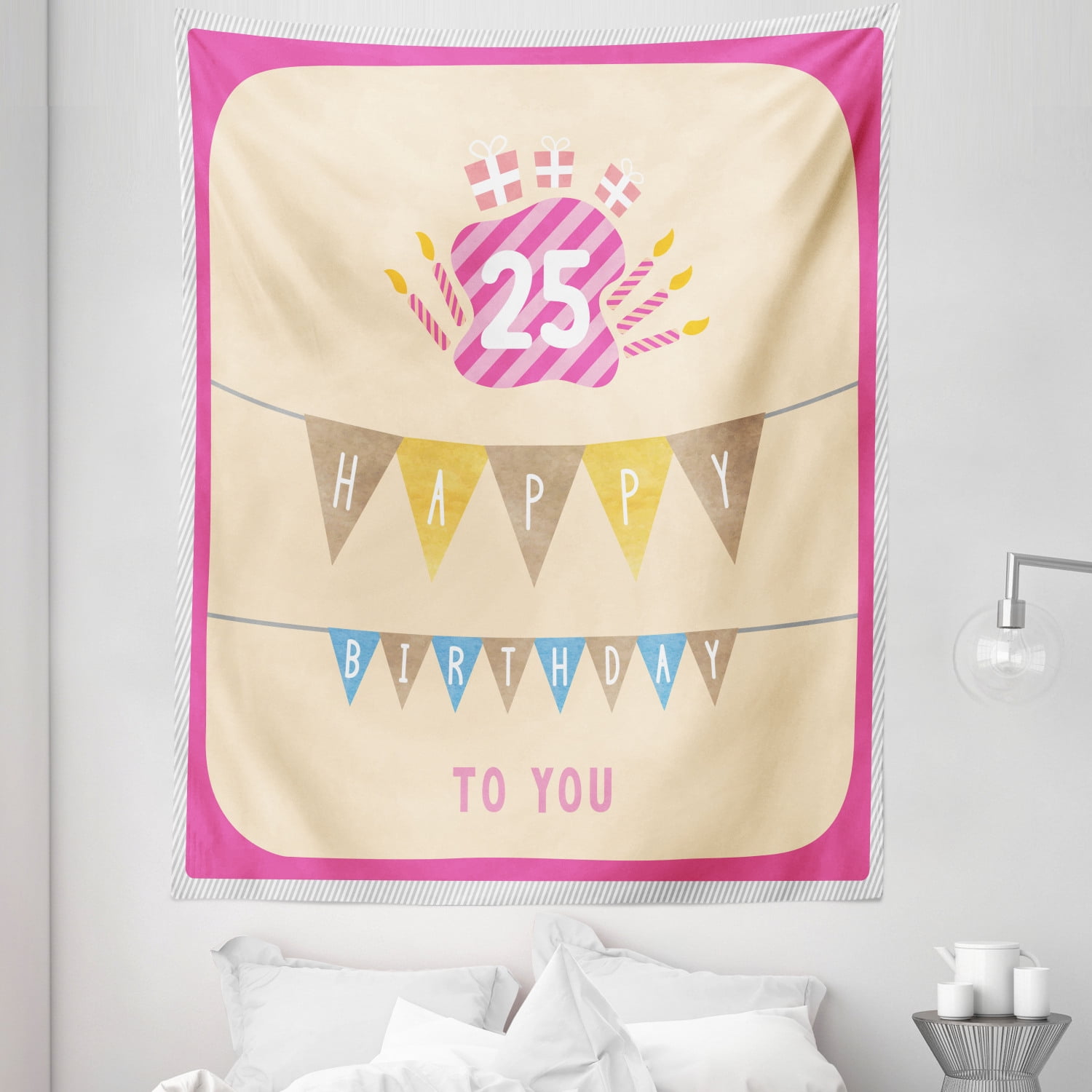 Colorful Tapestry, Pink Framework Flags Letters Burning Candlesticks ...
