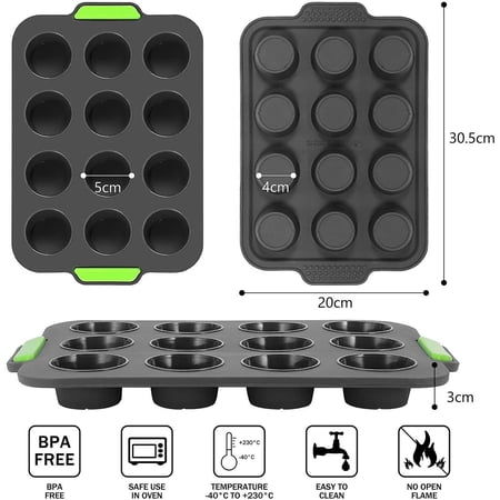 Muffin Molds, 2 Pieces Reusable Silicone Baking Molds, 12 Cupcake Molds ...