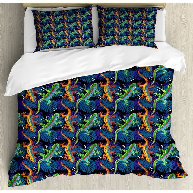 Gecko Duvet Cover Set Queen Size, Exotic Colorful Lizards on Monstera ...