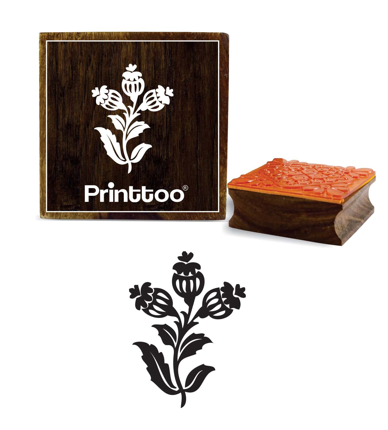 Printtoo Wooden Square Floral Pattern Rubber Stamp Craft Textile DIY ...
