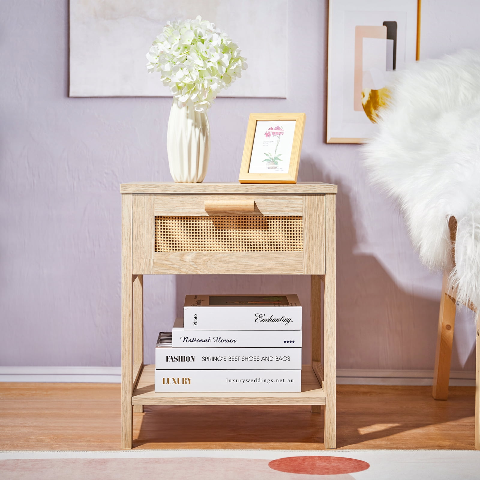CREATIVELAND Nightstand with 1 Rattan Drawer Boho End Table Bedside ...