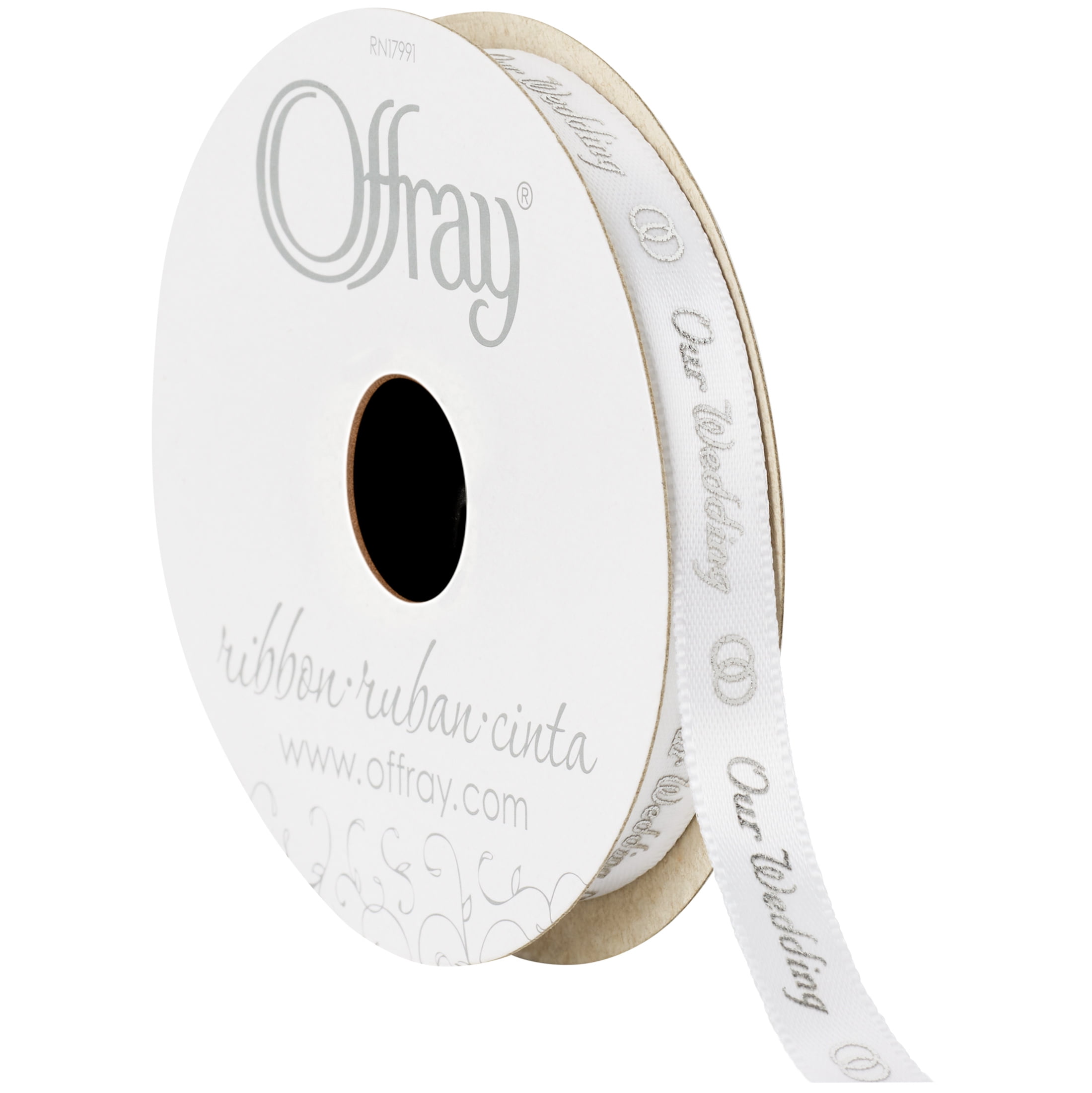 Offray Ribbon, White and Silver 3/8 inch Our Wedding Expression Ribbon ...