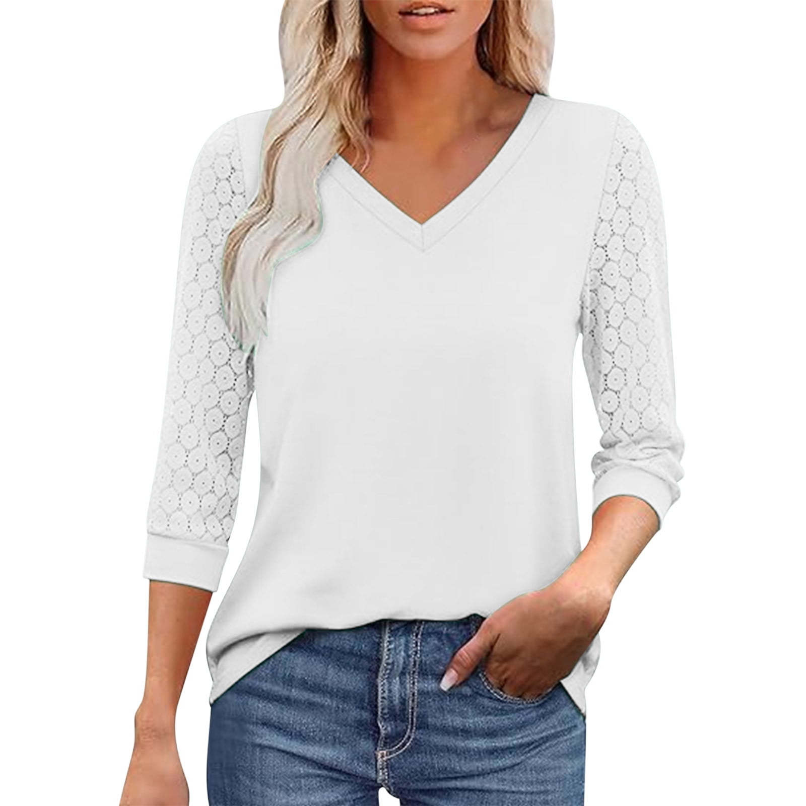 Click here for Erwazi 3/4 Sleeve Shirts For Women V-Neck Lace Sle... prices