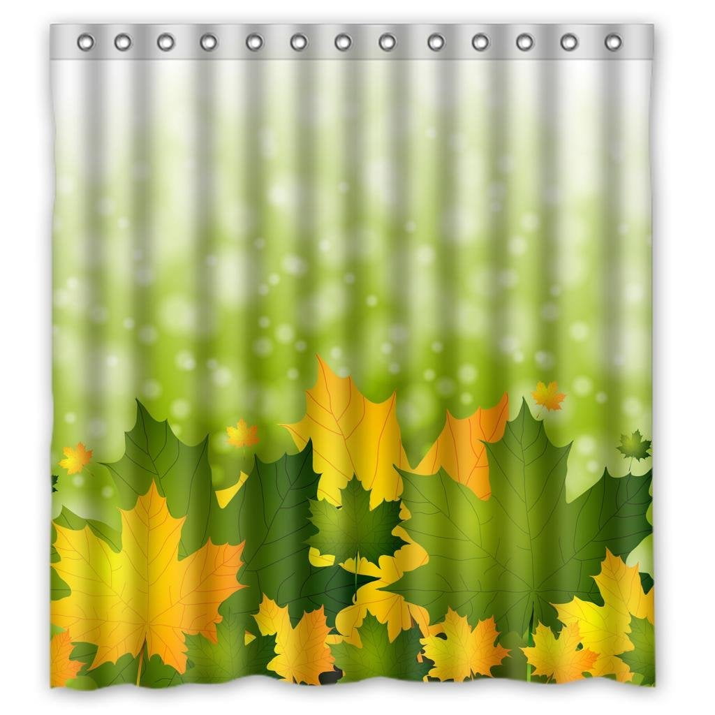 Greendecor Yellow Green Maple Leaf Waterproof Shower Curtain Set With