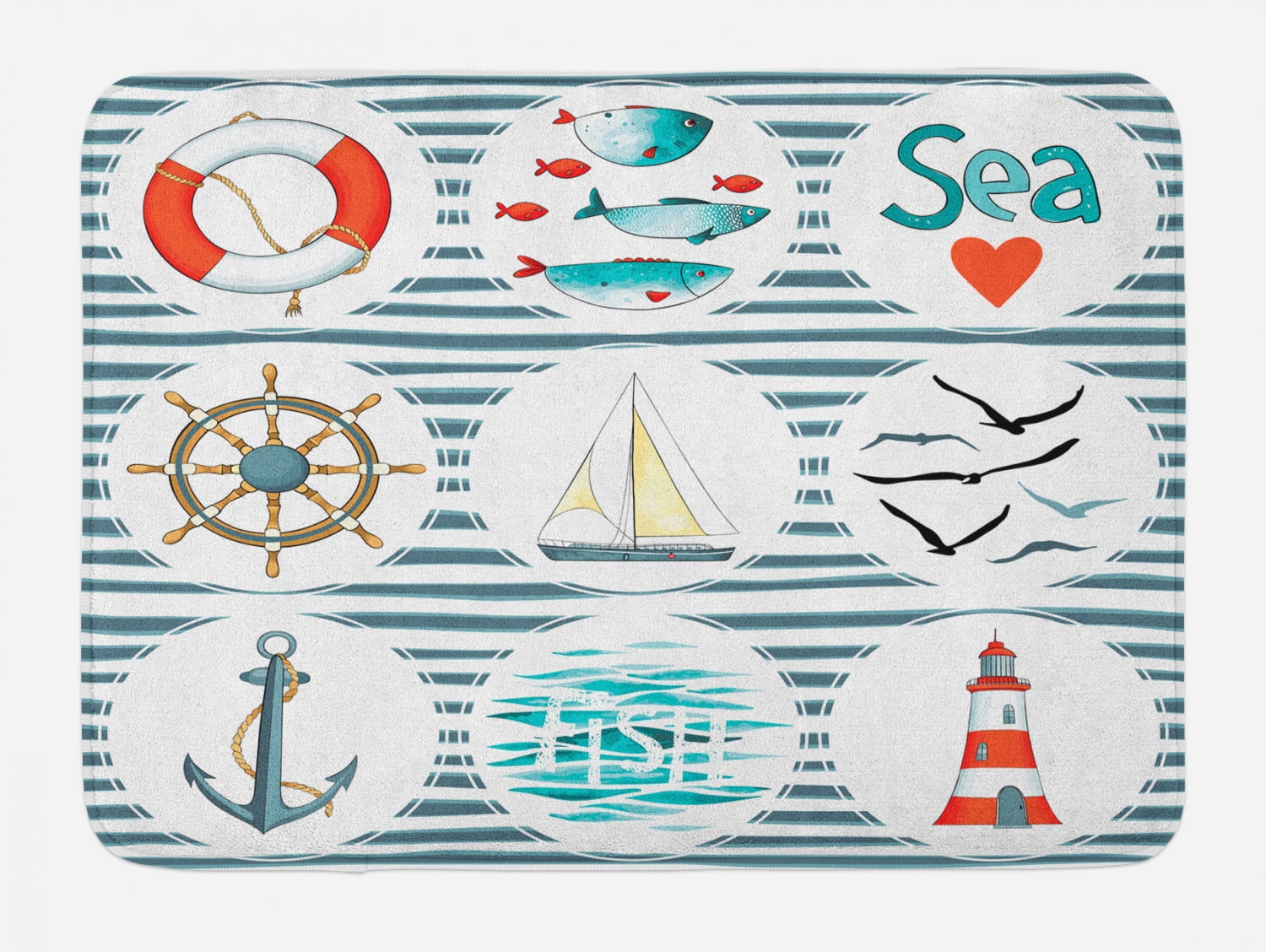 Nautical Bath Mat, Sea Set with Fishes Lifebuoy Gulls Lighthouse Marine ...