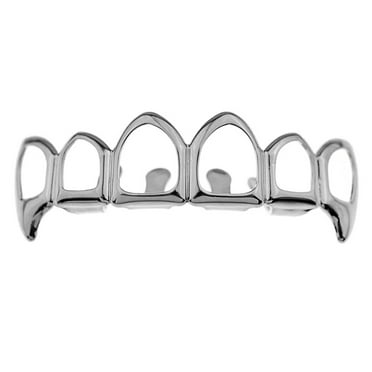 Four 4 Open Face Tooth Grillz Silver Tone Lower Row Bottom Teeth Hollow ...