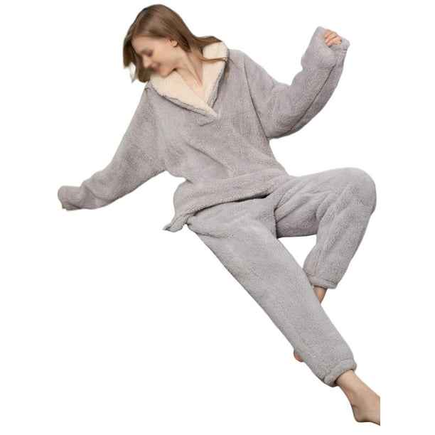 Glookwis Women Sherpa Sleepwear Long Sleeve Flannel Pajamas Sets Loose ...