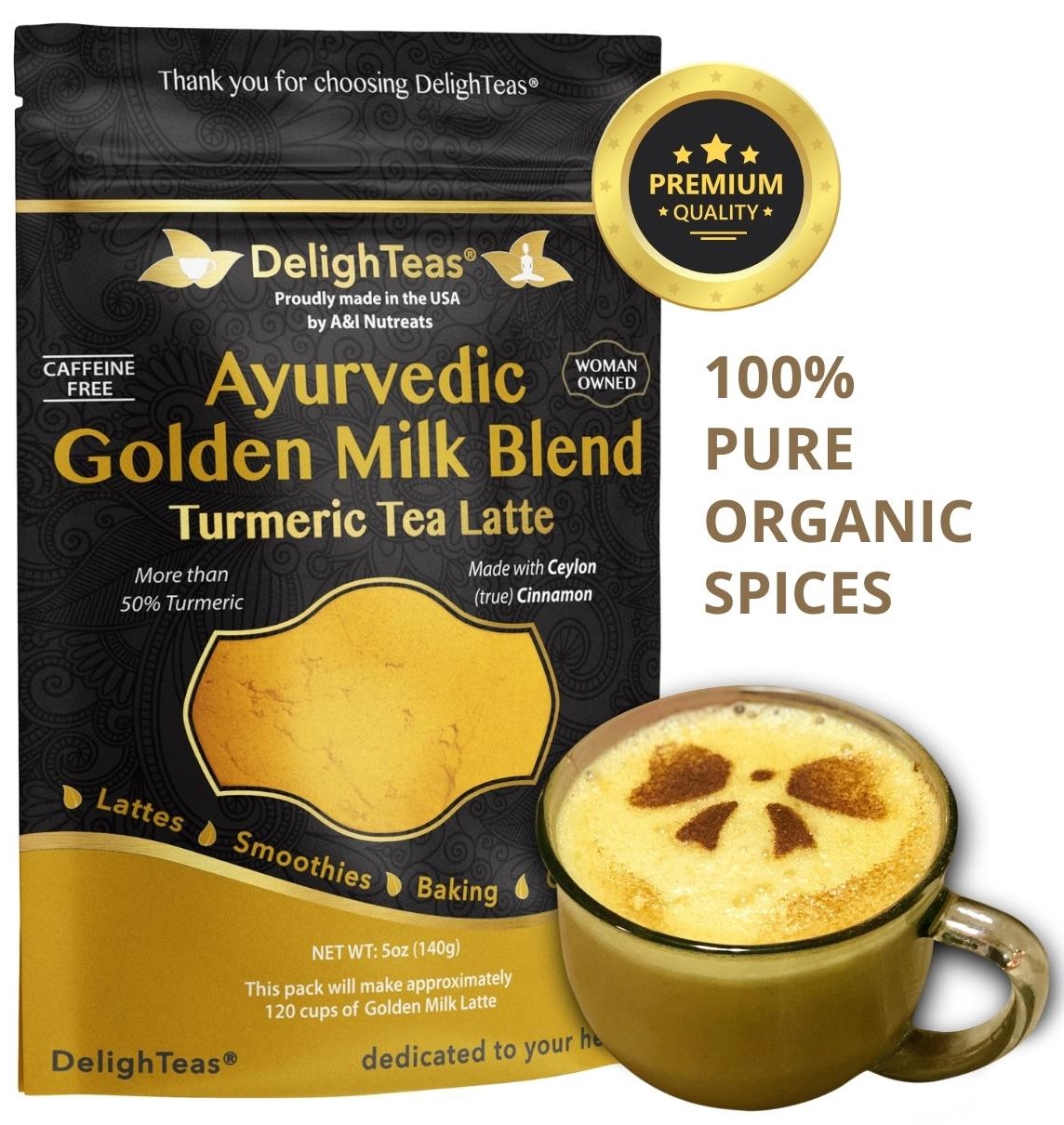 DelighTeas Organic Golden Milk Powder with Turmeric, Ginger and Ceylon ...