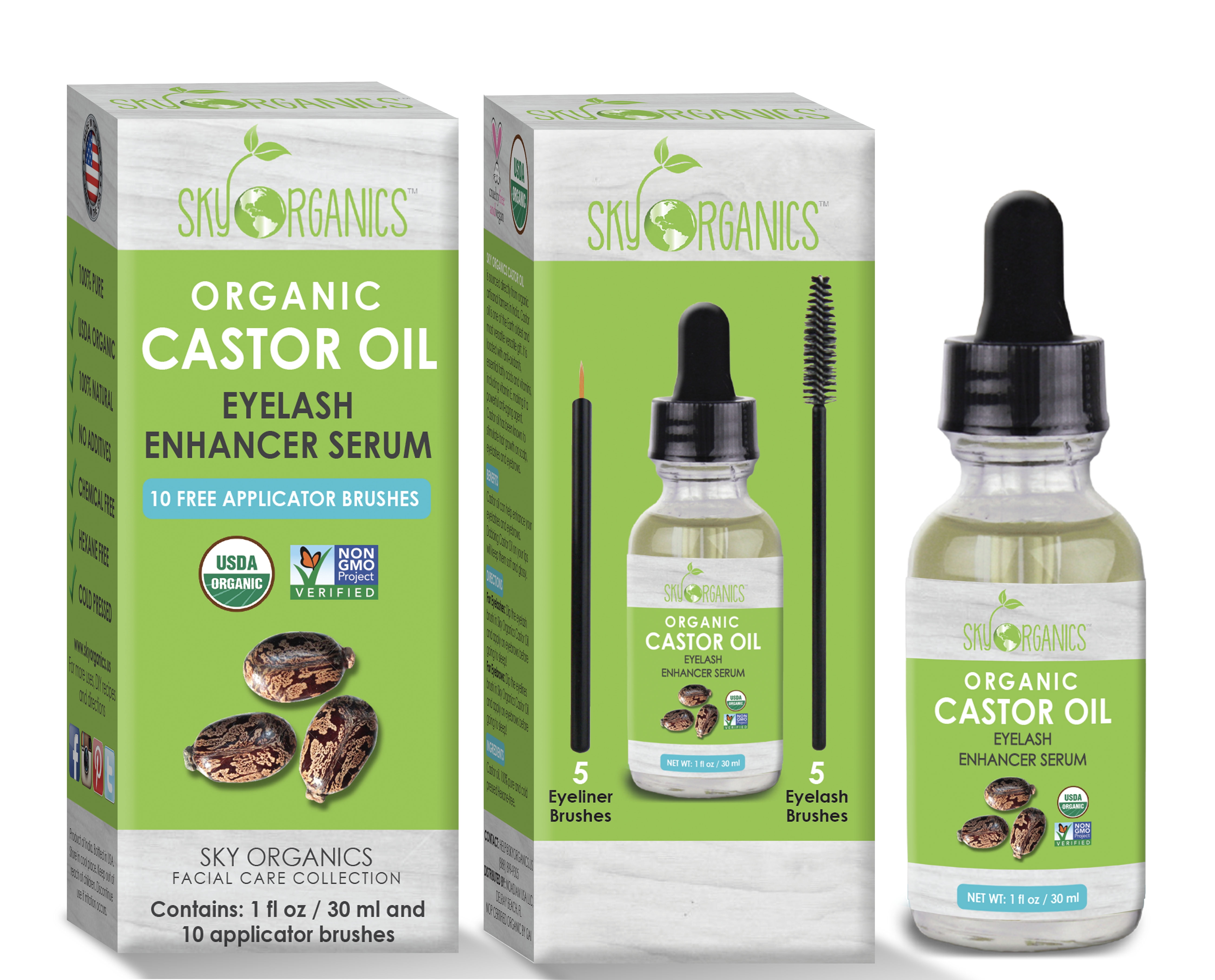 Organic Castor Oil Eyelash Enhancer Serum 1oz With Mascara Brushes
