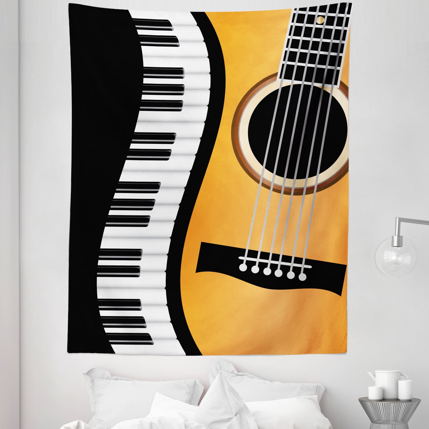 Music Tapestry, Conceptual Piano Keyboard Wave and an Acoustic Guitar ...