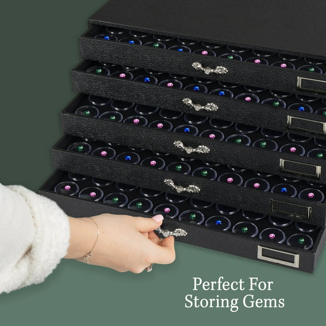 Novel Box 5 Drawer Jewelry Hobby Gem Organizer Display Case with 5 Black Gem Jar Inserts ...