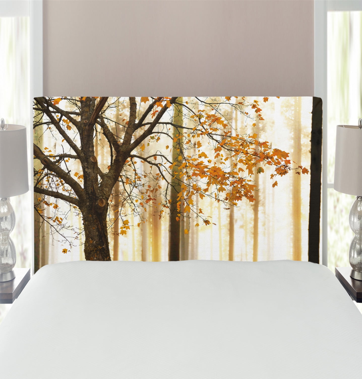 Autumn Headboard, Bare Tree Branches with Tangerine Tones Fall Leaves ...