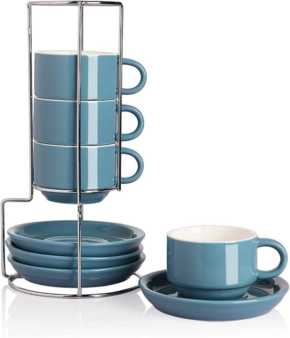 SWEEJAR Porcelain Espresso Cups with Saucers, 4 Ounce Stackable ...