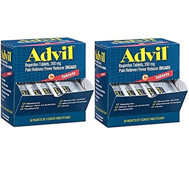 Advil (100 Packets of 2 Capsules) Pain Reliever/Fever Reducer Coated ...