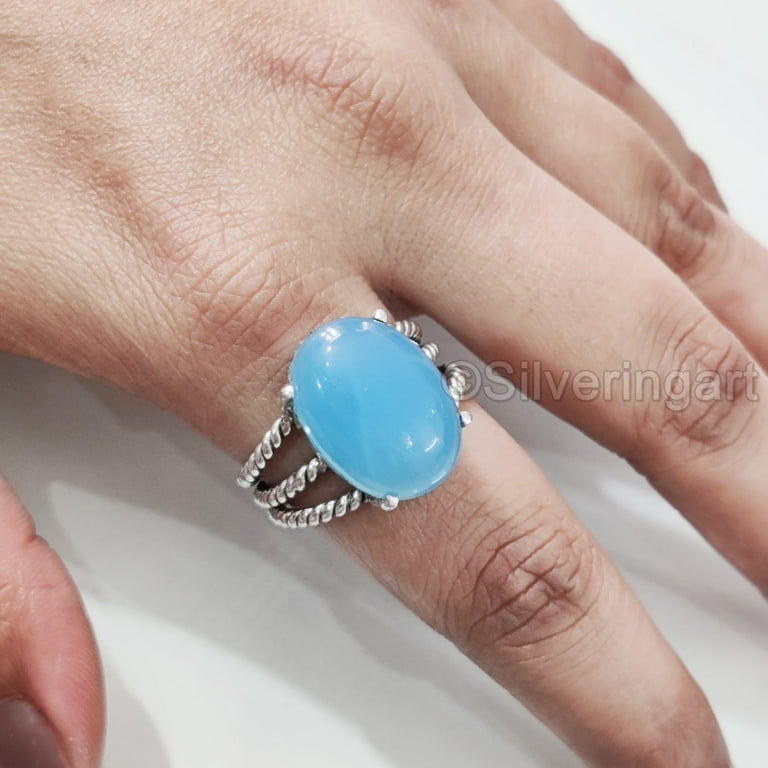 Natural Blue Chalcedony Ring Blue Chalcedony Gemstone Ring 3 Twisted Bohemian Band 925 Sterling Silver Womens Ring Christmas Thanksgiving