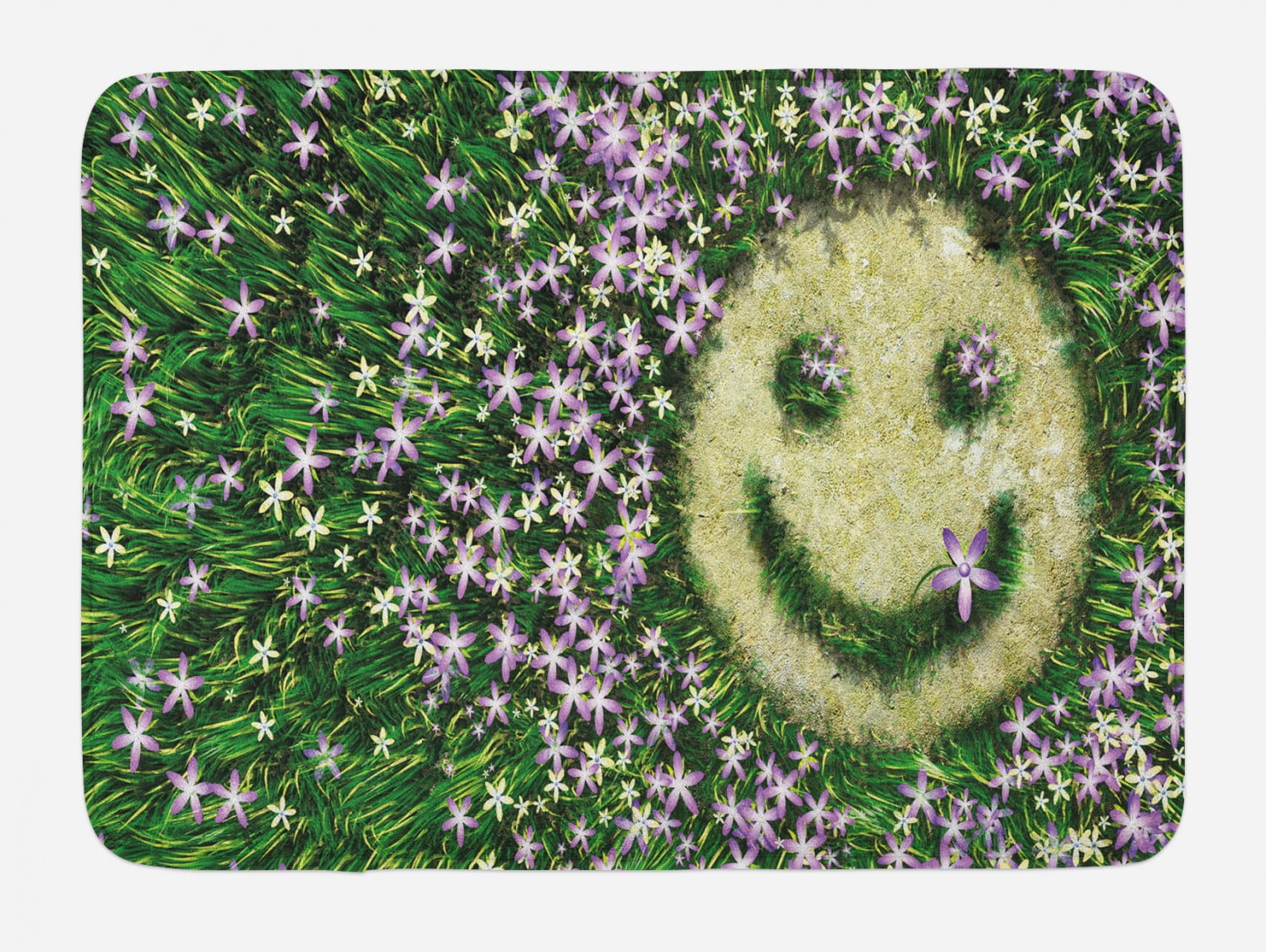 Garden Bath Mat, Smiley Emoticon on the Grass with Spring Flowers Happy ...