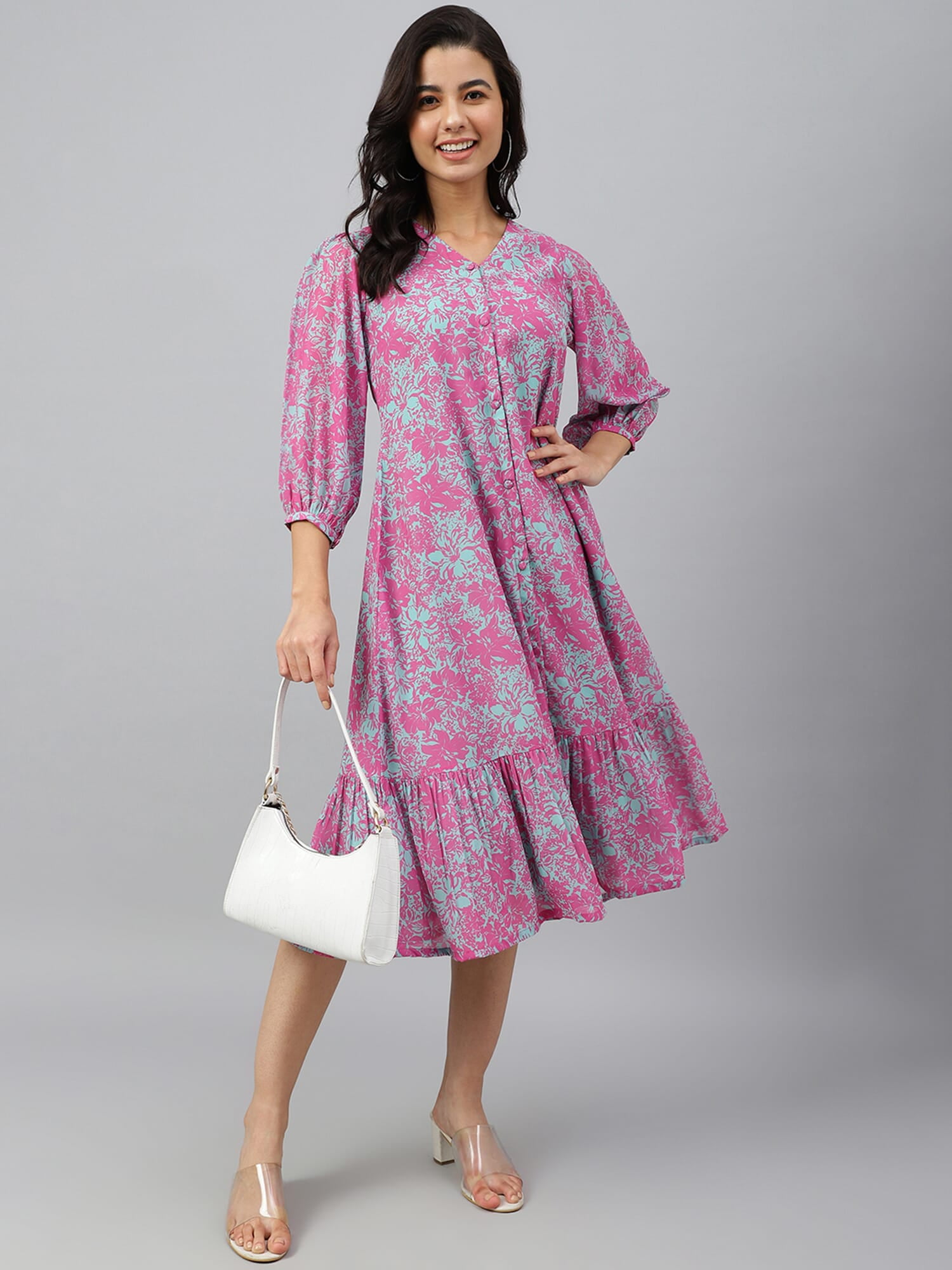 Janasya Indian Women's Pink Georgette Floral A-line Western Dress ...