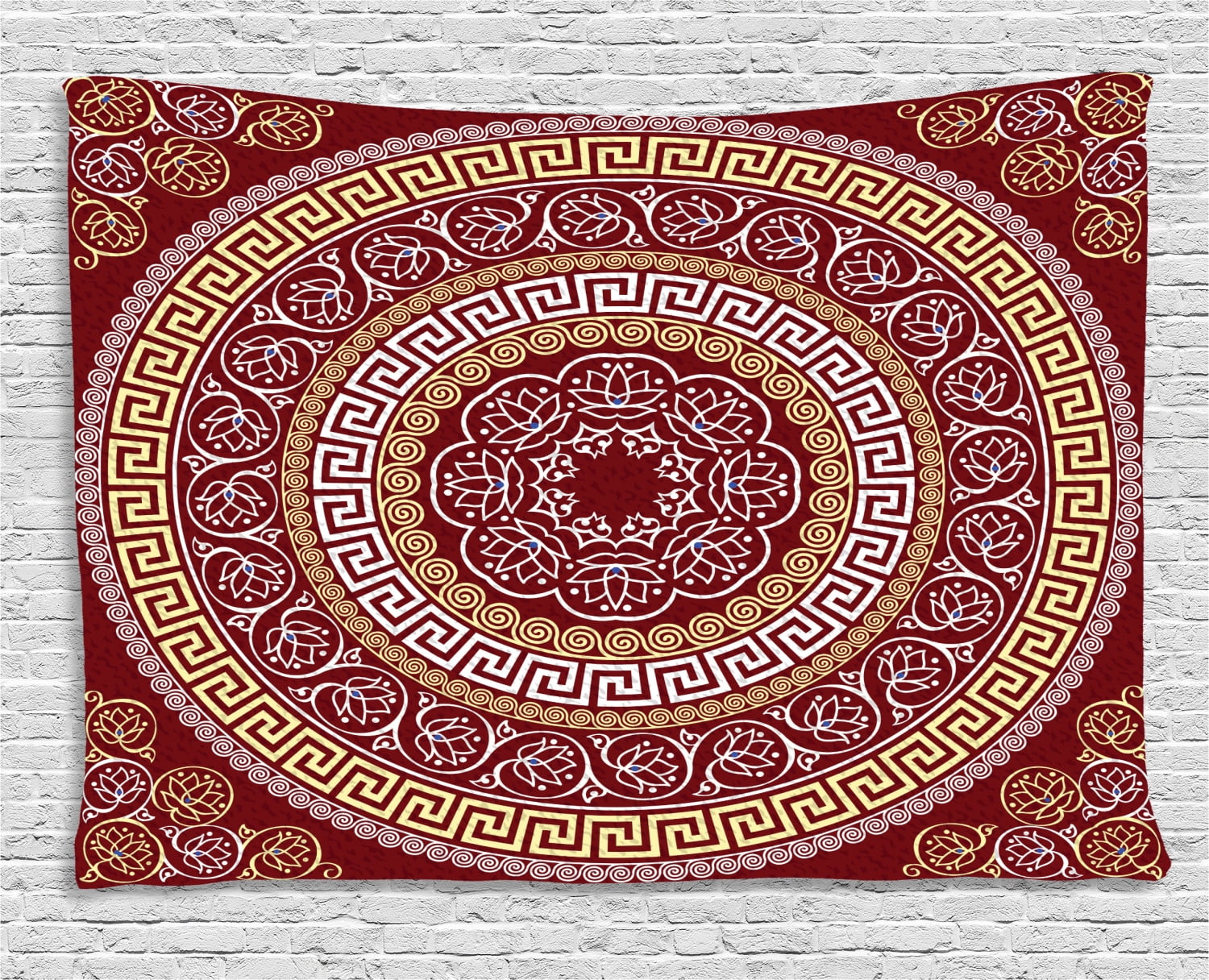 Greek Key Tapestry, Round and Square Ornament Meander with Floral ...