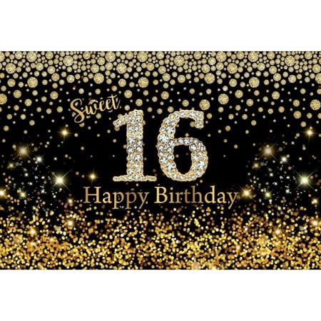 Sweet 16th Gold Happy Birthday Backdrop Black and Gold Birthday ...