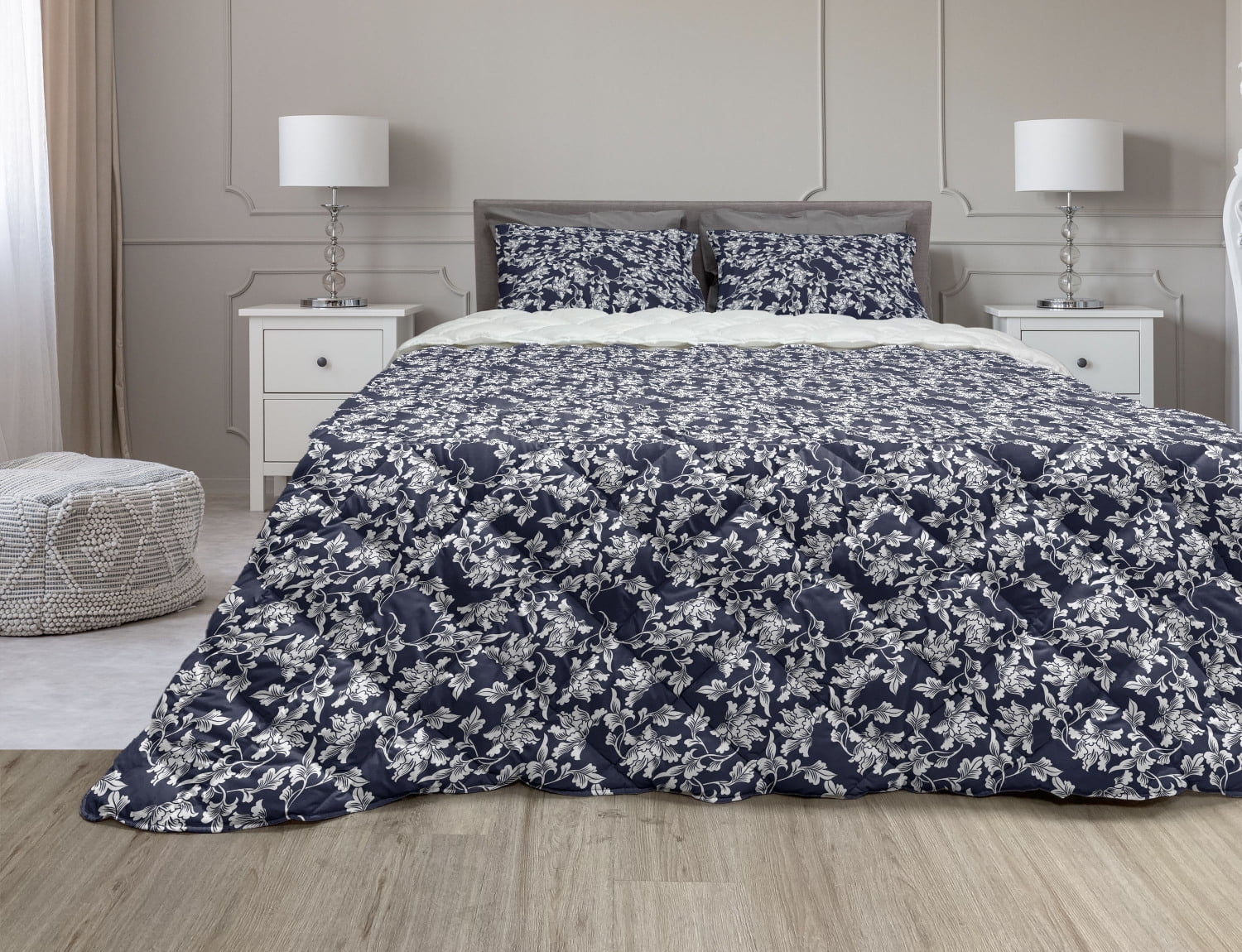Navy Blue Comforter & Sham Bedding Set, Floral Arrangement Botanic ...