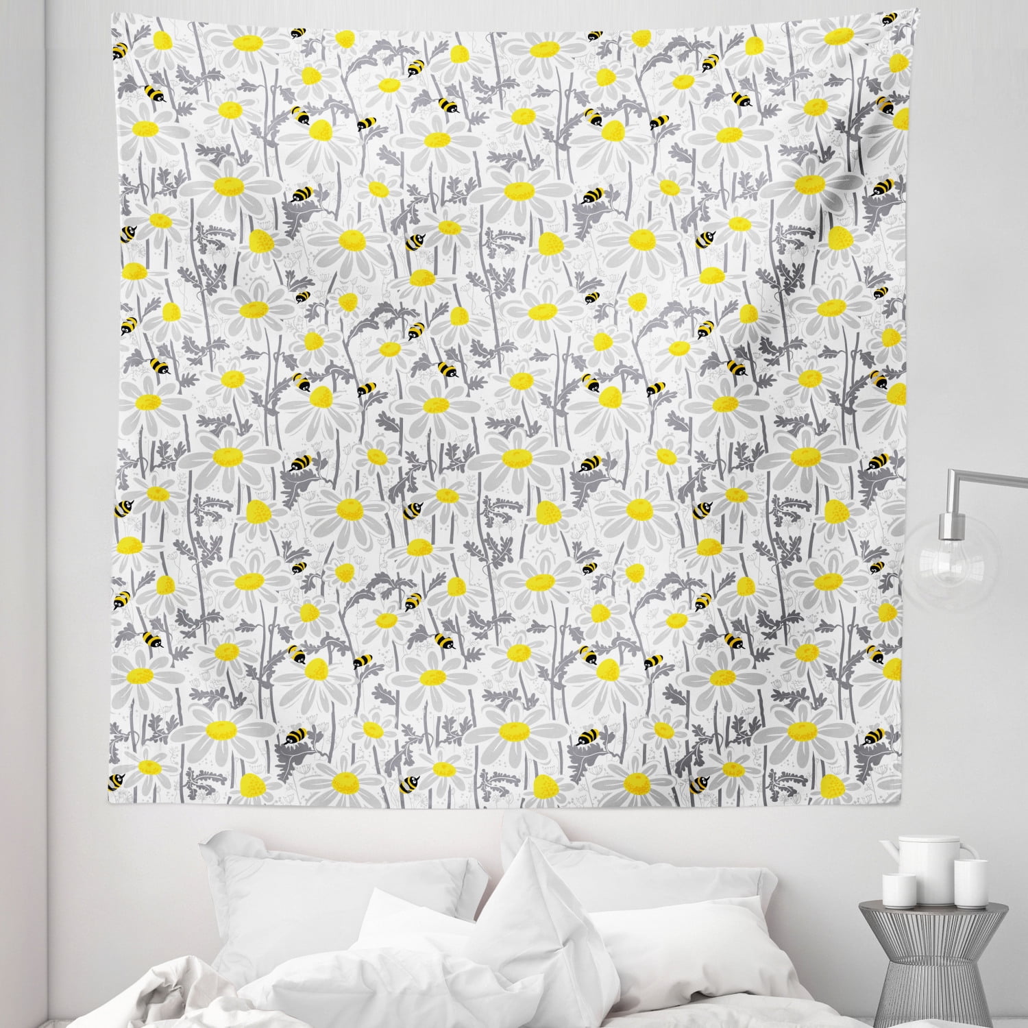 Yellow Tapestry, Pattern with Bees and Chamomile Daisy Flowers in ...