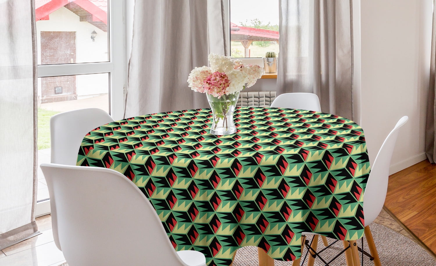 Mosaic Round Tablecloth, Retro Design Abstract Hexagon Shapes Geometric ...