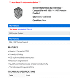 Blower Motor High Speed Relay - Compatible with 1985 - 1987 Pontiac ...