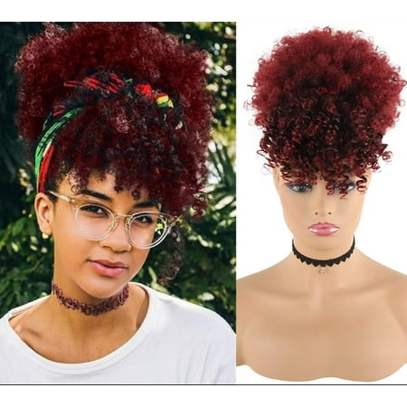 Afro High Puff Hair Bun Black Wig with Bangs Synthetic Short Kinkys ...