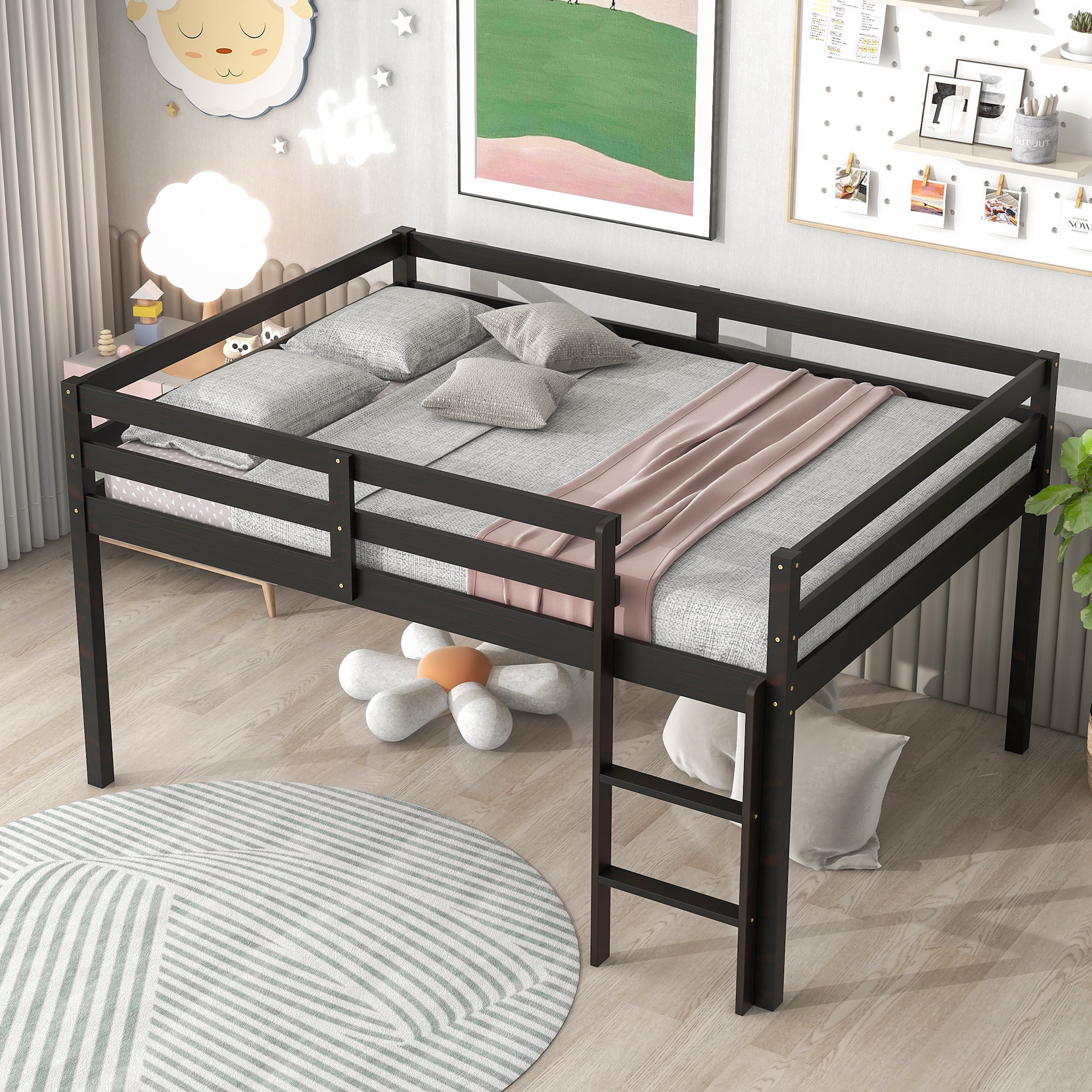Full Size Loft Bed, Solid Wood Low Loft Bed Frame with Built-in Ladder ...