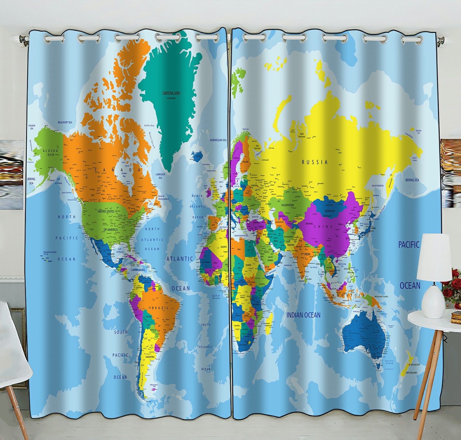 PHFZK Educational Window Curtain, Colorful World Map Window Curtain ...