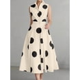 Beige Polka Dot V-Neck Sleeveless Button-Up Flared Midi Dress For Women ...